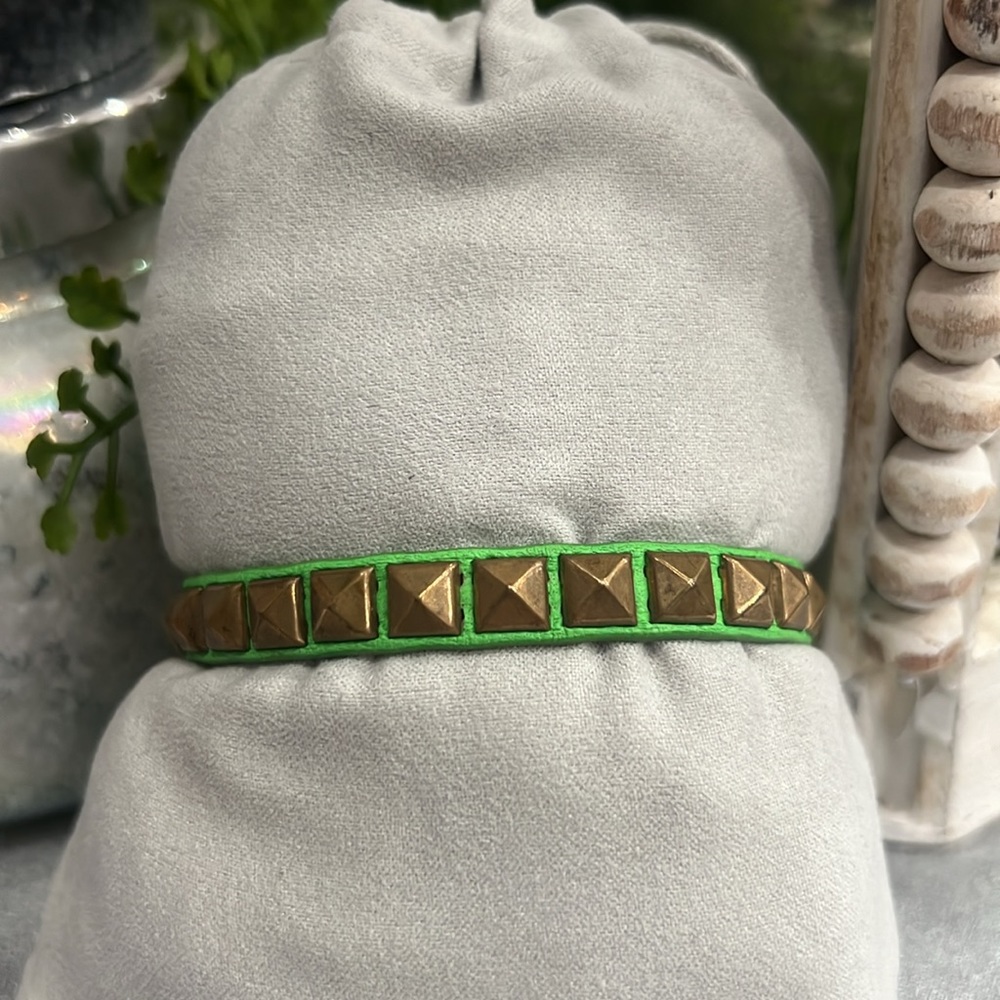 Neon Green Studded Genuine Leather Bracelet - Gem